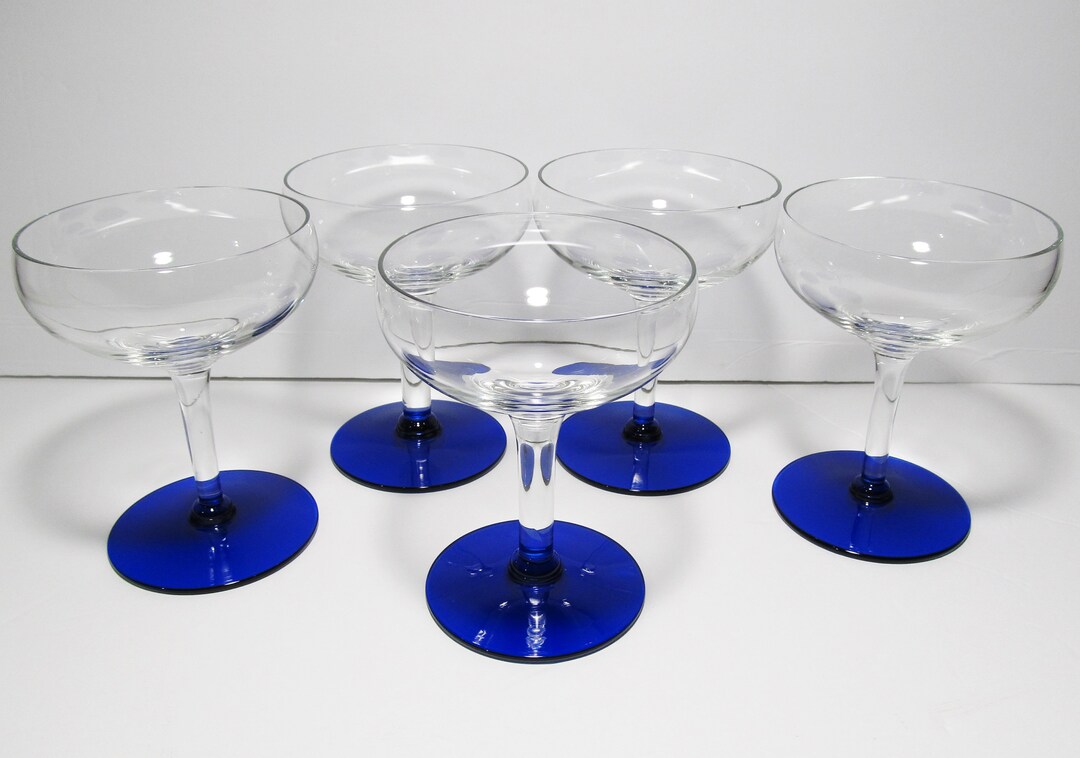 Set of 5 COBALT BLUE Foot Champagne Glasses Goblets Etched Probably by ...