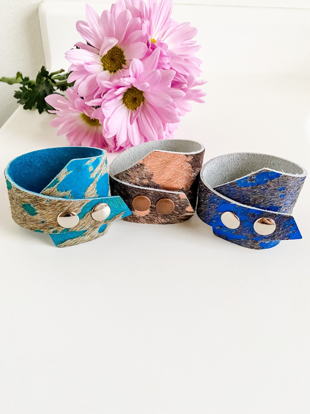 Hair on Hide Wrap Around Leather Cuff Bracelet, Brindle Cowhide Cuff ...