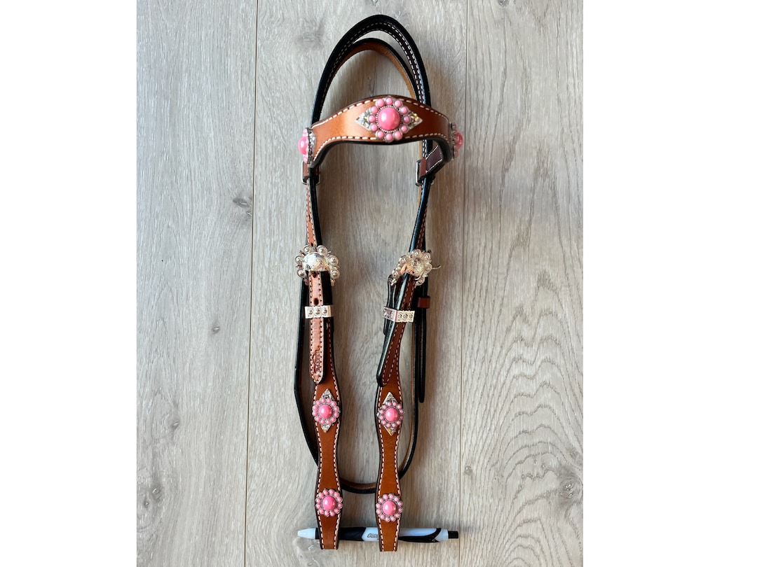 Western Horse Headstall, Leather Bling Headstall, Pink Conchos Glitter ...