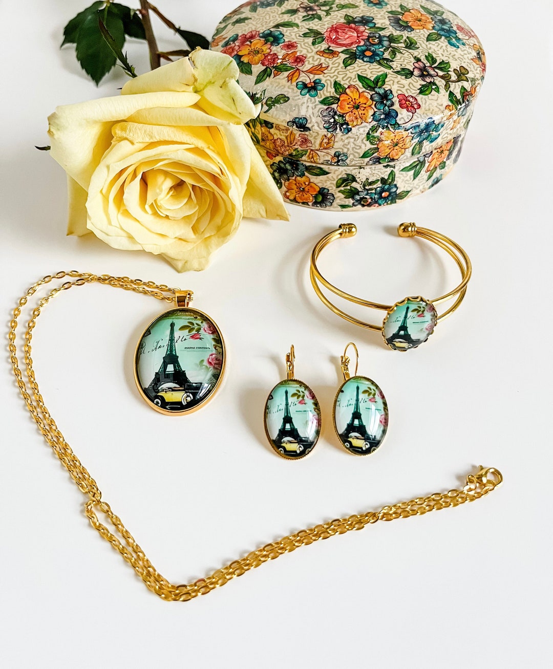 Eiffel Tower Jewelry Set, Gold Jewelry With Vintage Paris Scene, Gift ...