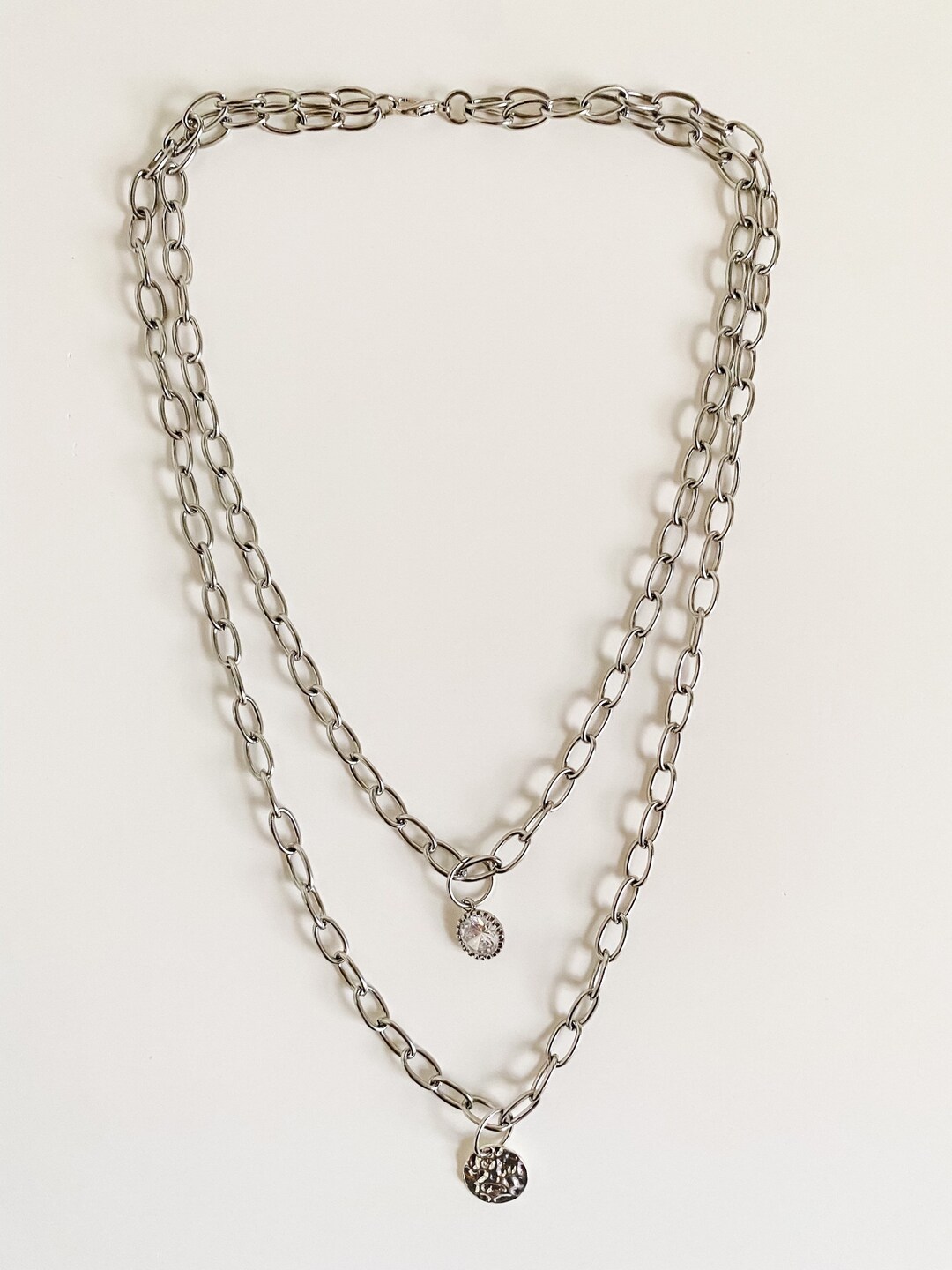 Silver Two Strand Chain Necklace, Chain Necklace With Silver Hammered ...