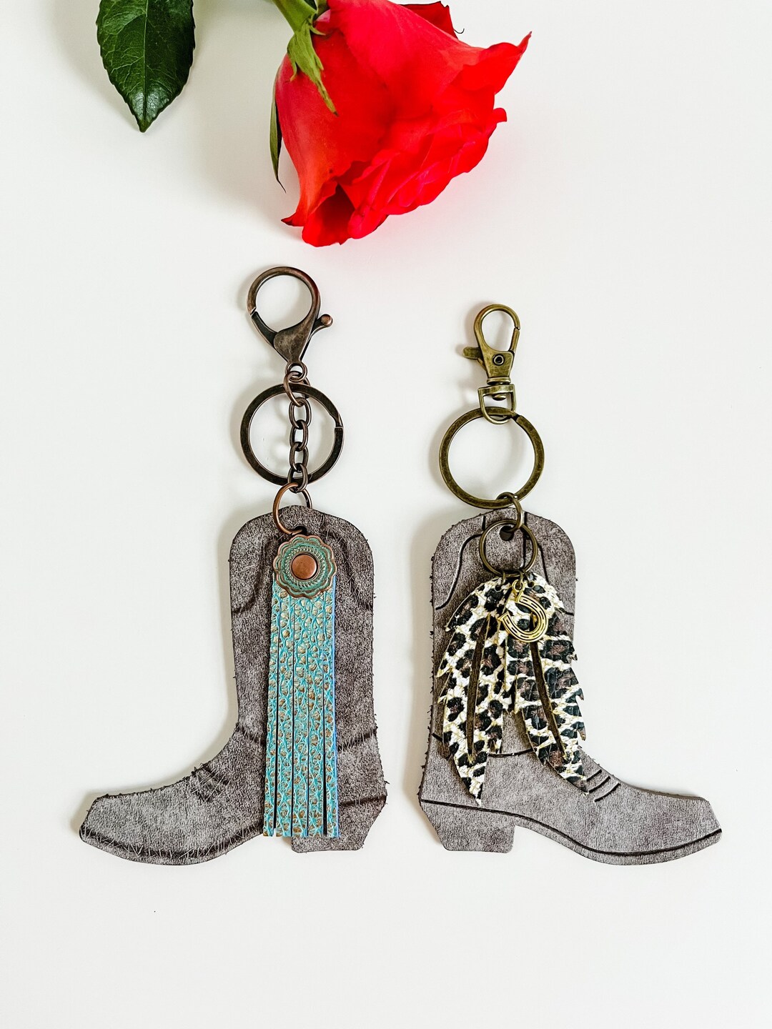 Cowgirl Boot Keychain With Leather Fringe or Feathers Western - Etsy