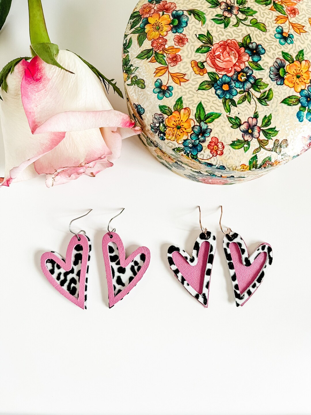 Snow Leopard and Mauve Whimsy Heart Earrings, Quirky Leather Earrings ...