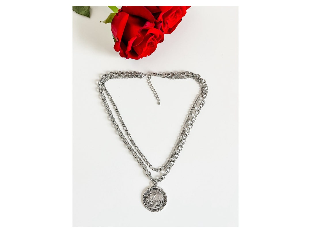 Buffalo Coin Necklace, Two Strand Silver Necklace, Western Layered ...