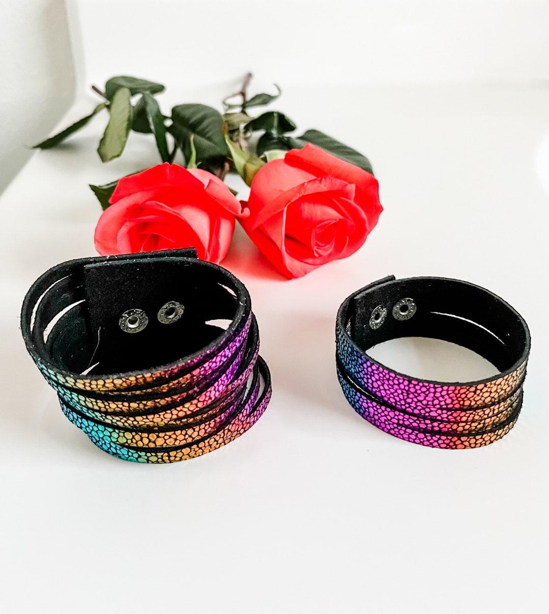 Metallic Rainbow Slice Bracelet, Rainbow Leather Cuff Bracelet ...