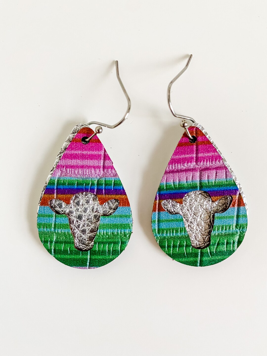 Serape Earrings With Cow Cutout, Serape Print Teardrop Earrings, Cute ...