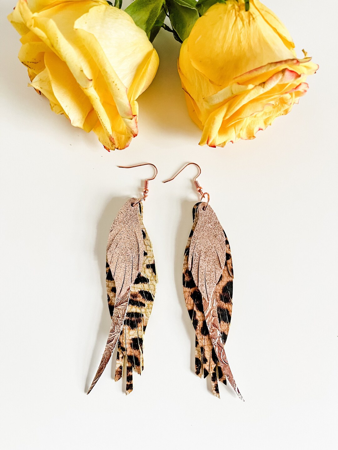 Metallic Rose Gold and Cheetah Print Leather Feather Earrings, Cheetah ...