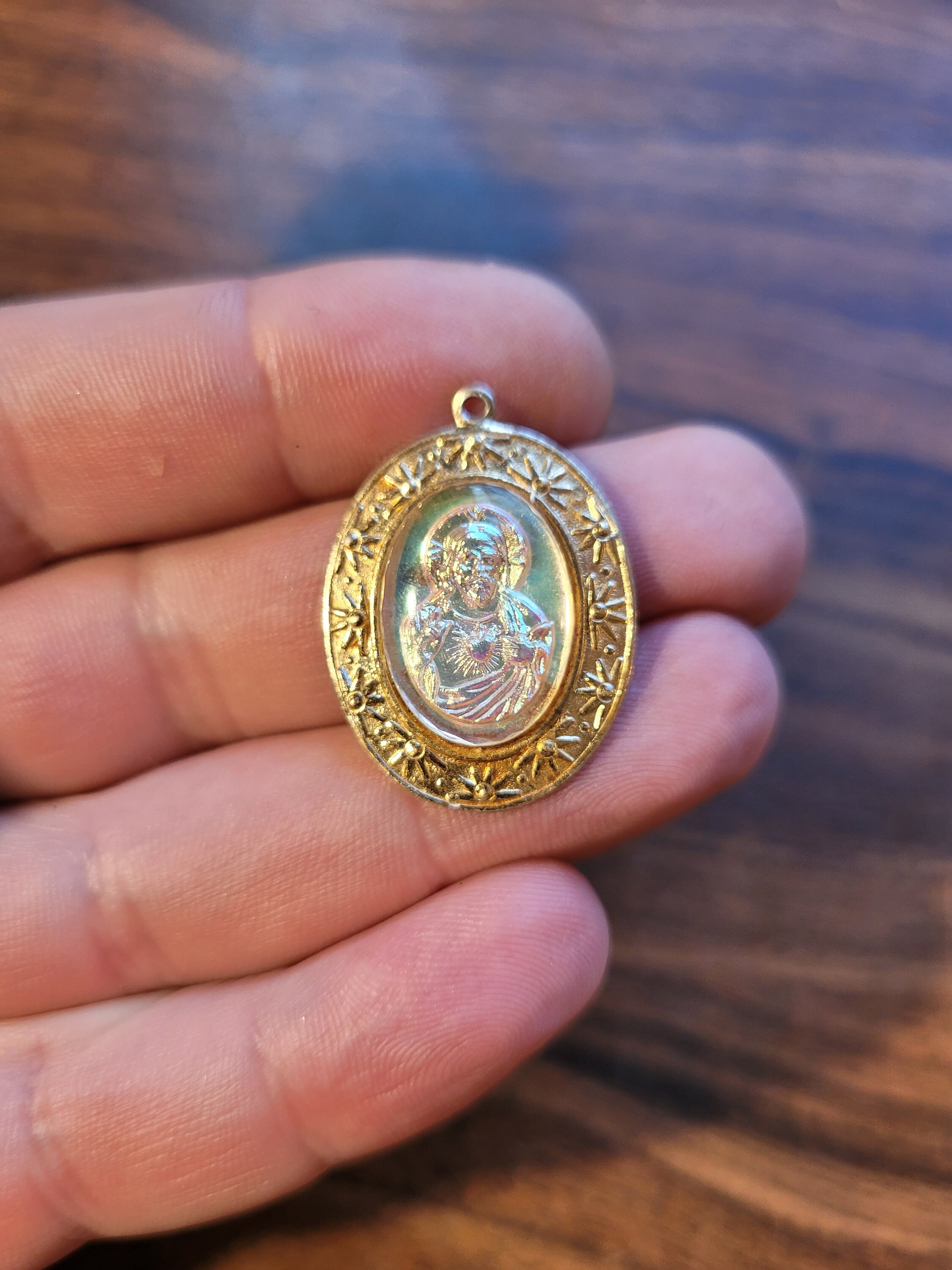 Vintage German Christ With Sacred Heart Medal, Light Weight Gold Tone ...