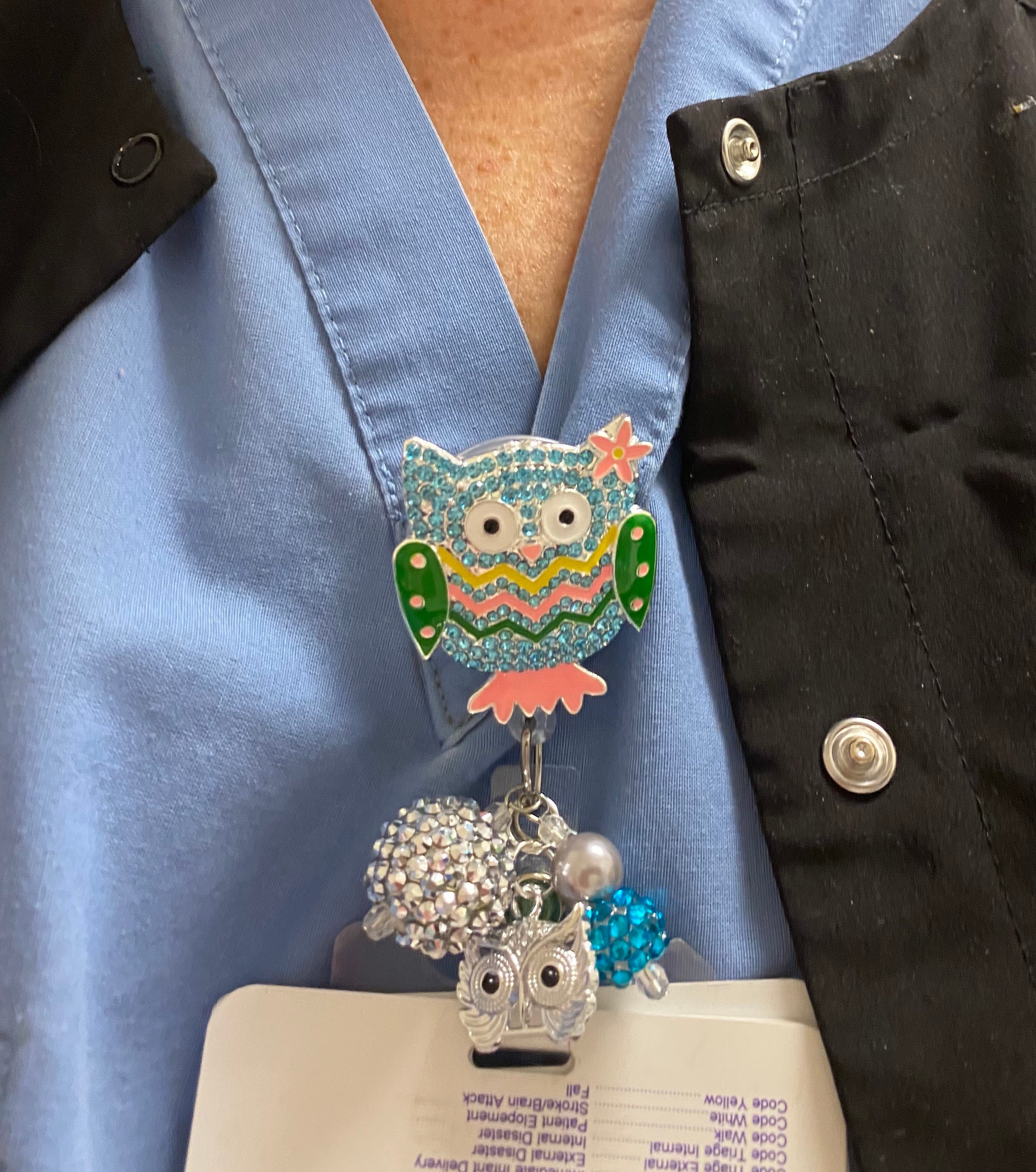 Glittery enamel Owl badge reel with matching charm | Etsy