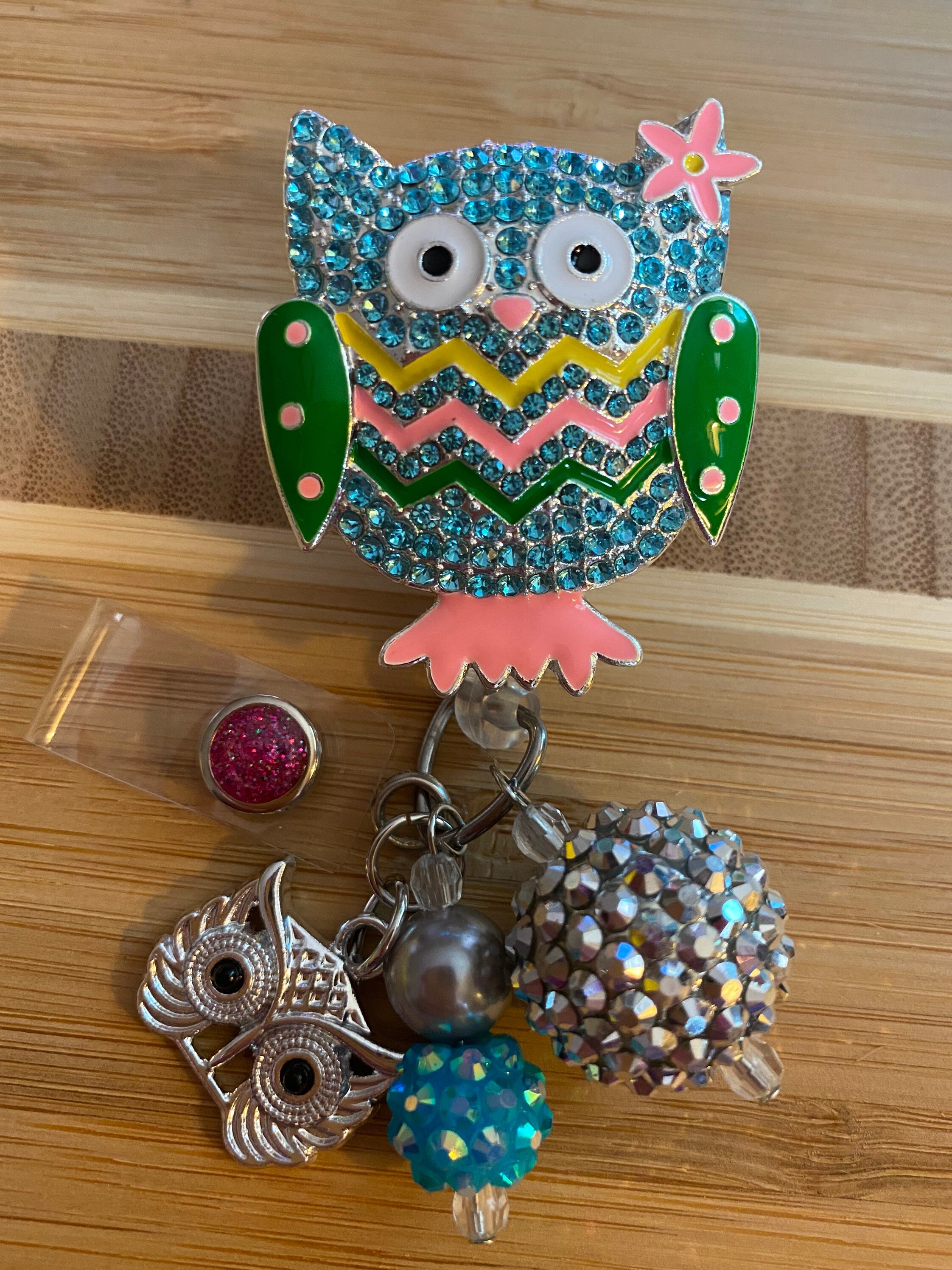 Glittery enamel Owl badge reel with matching charm | Etsy