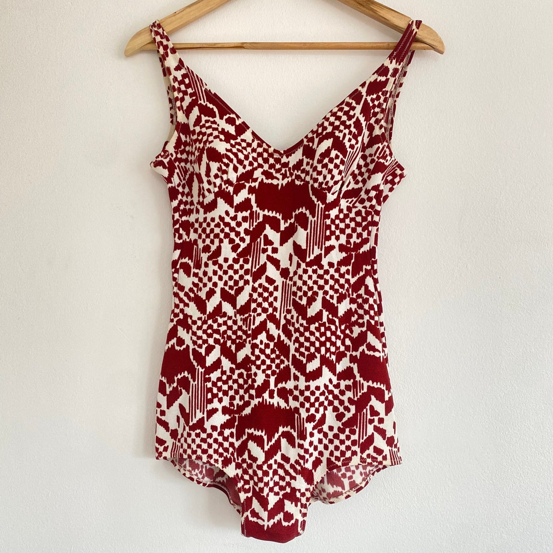 Vintage 60s 70s Swimming Costume Red & White Geometric High Leg Low ...