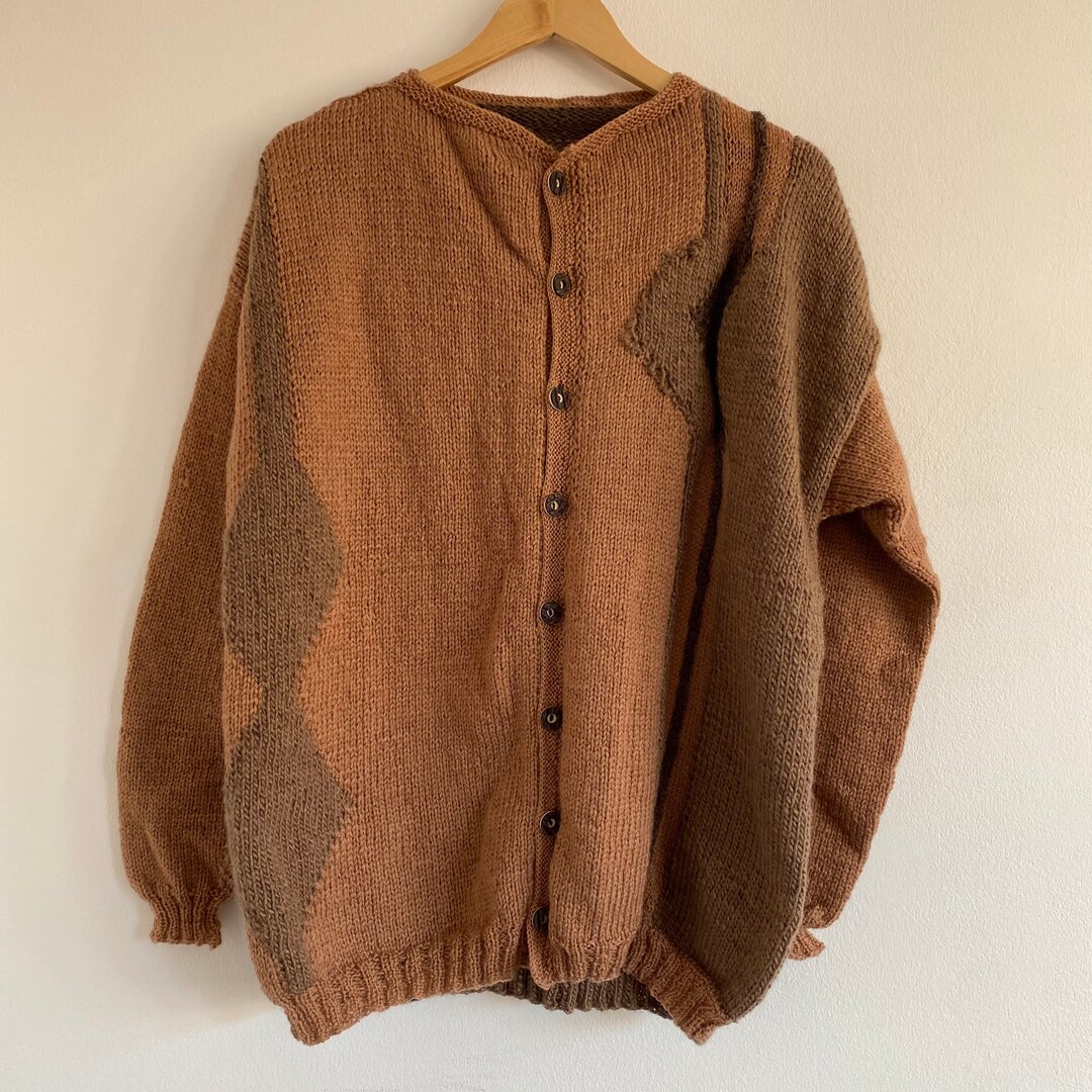 Vintage 80s Hand Knitted Argyle Wool Cardigan - Etsy
