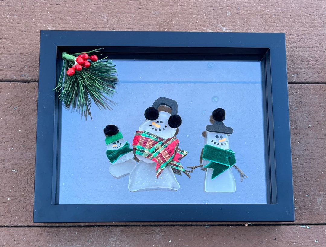 Snowmen Mom and Children Frame, Made From Up-cycled Sea Glass - Etsy