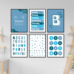 Educational Poster, Cat Art Prints, Set of 6, Custom Initial Kitty Art ...