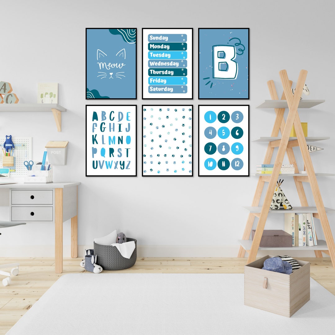 Educational Poster, Cat Art Prints, Set of 6, Custom Initial Kitty Art ...