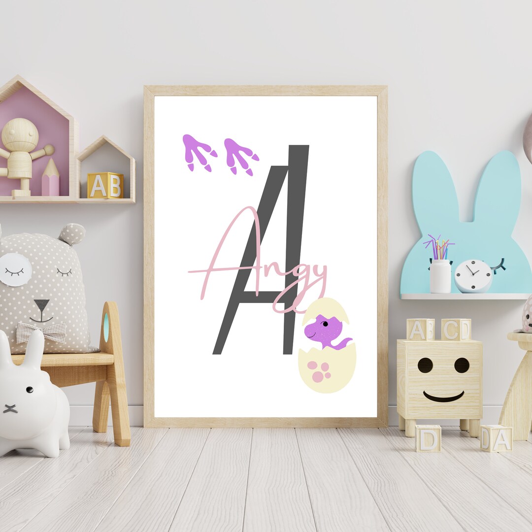 Pink Initial Print, Dinosaur Name Printable, Kids Dinosaur Personalized ...