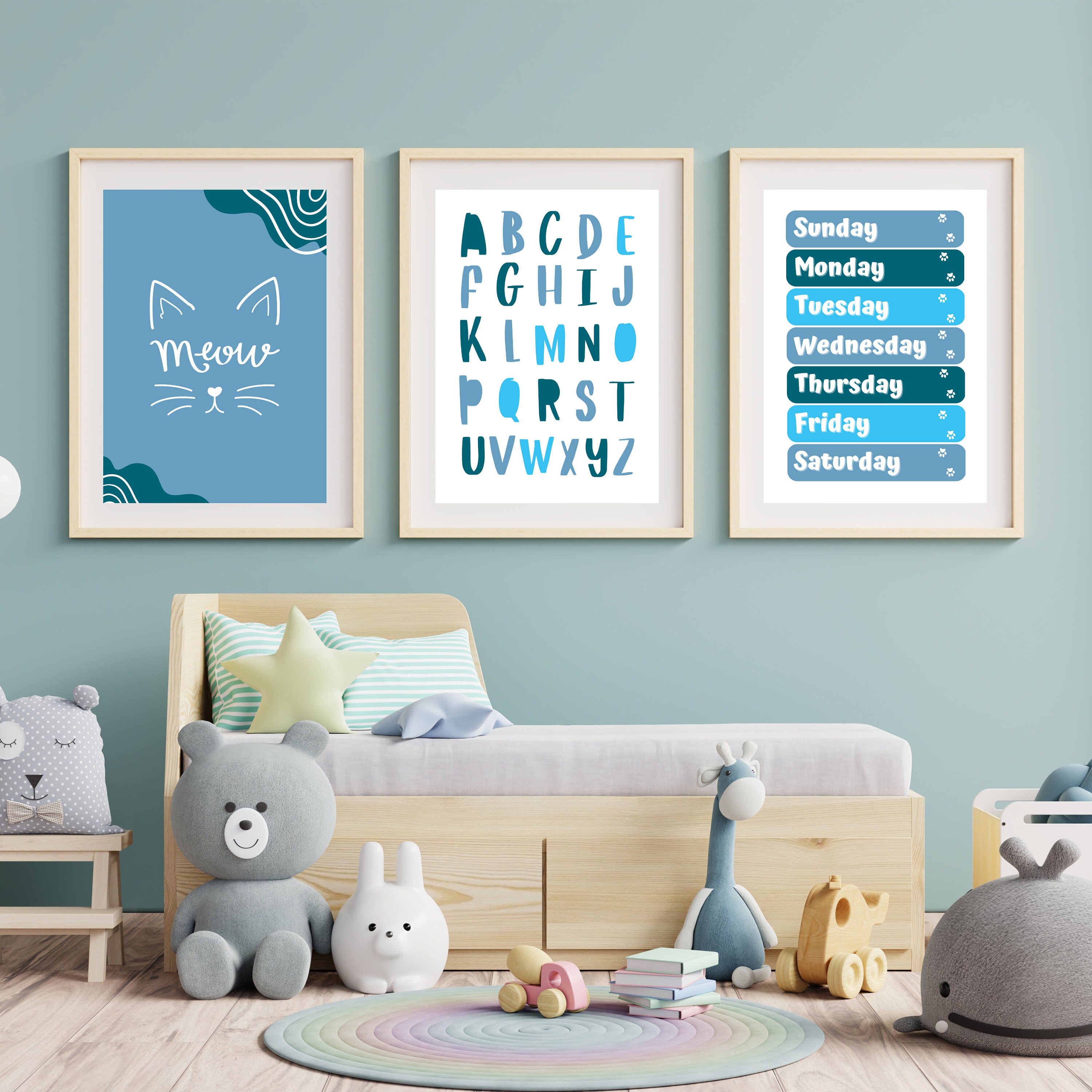 Educational Poster, Cat Art Prints, Set of 6, Custom Initial Kitty Art ...