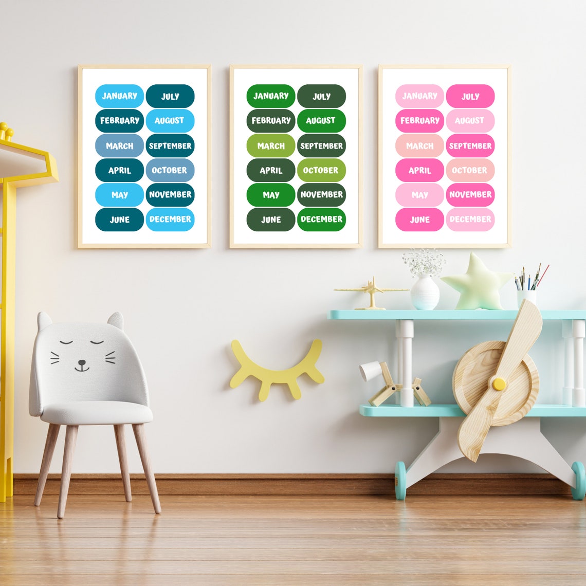 Months of the Year Poster, 3 Colours Calendar, Playroom Educational ...