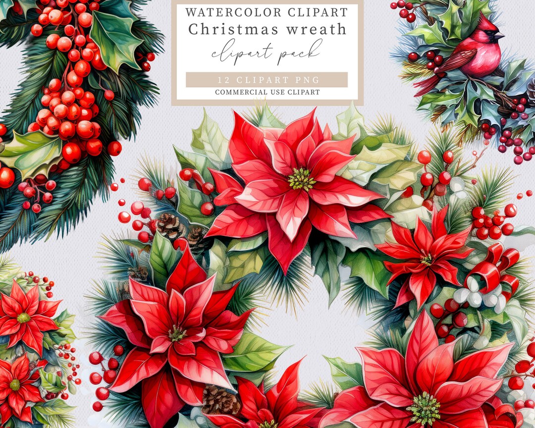 Christmas Wreath Clip Art, Christmas Clip Art, Wreath Clip Art, Holiday ...