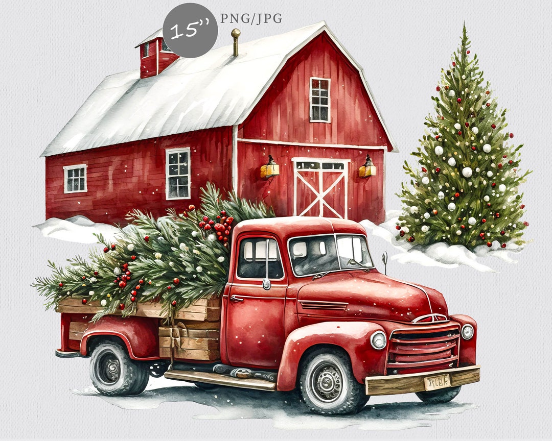 Christmas Clipart, Farm Truck Clipart, Red Truck Clipart, Winter ...