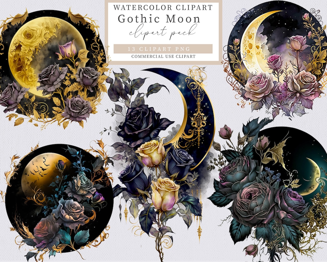 Gothic Moon Clipart, Gothic Clipart, Moon Clipart, Floral Moon Clipart ...