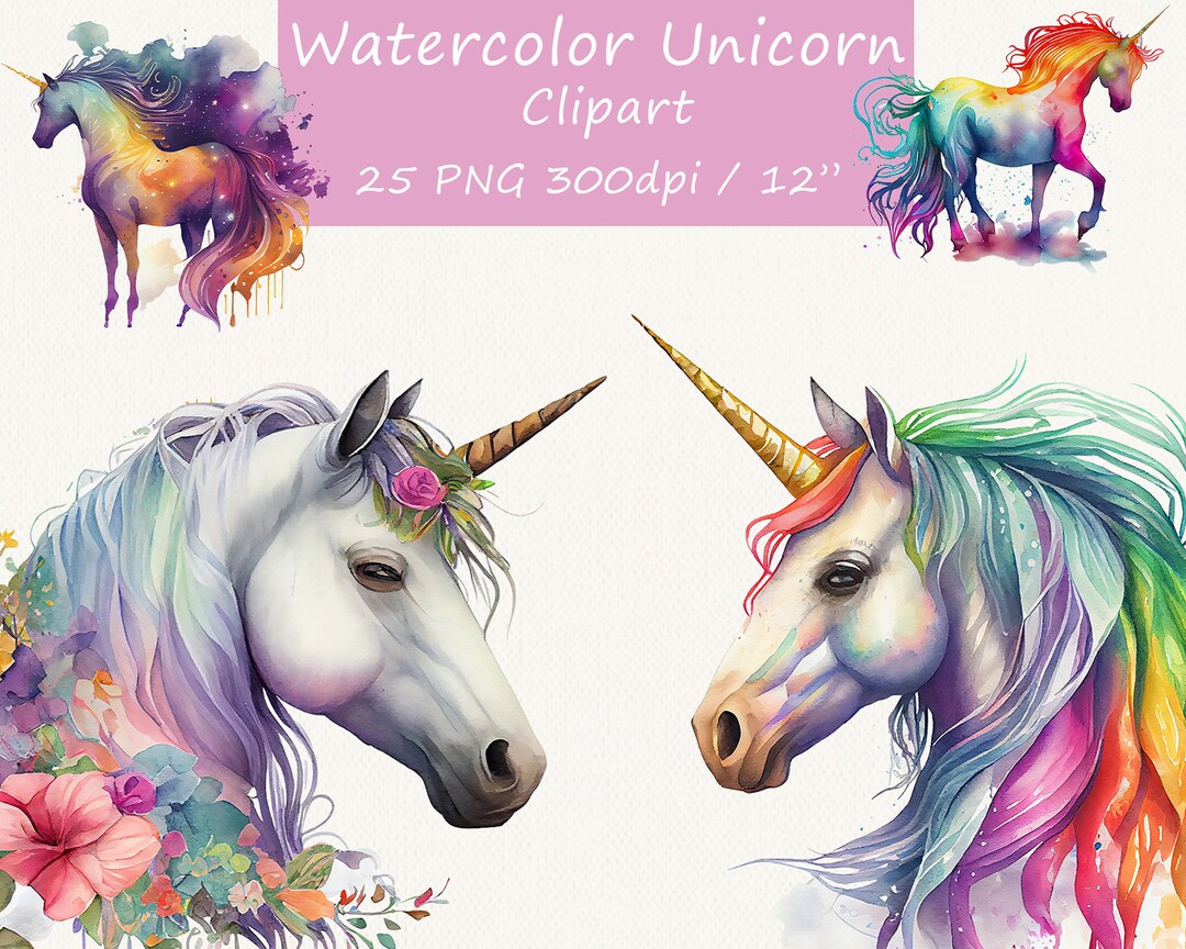 Watercolor Unicorn Clipart, Watercolor Unicorn Bundle Clipart ...