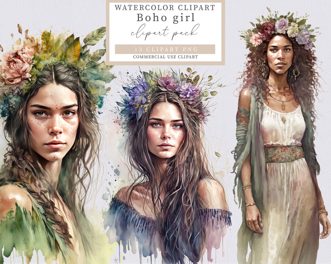 Boho Girl Clip Art, Girl Clip Art, Boho Clip Art, Watercolor Boho Clip ...