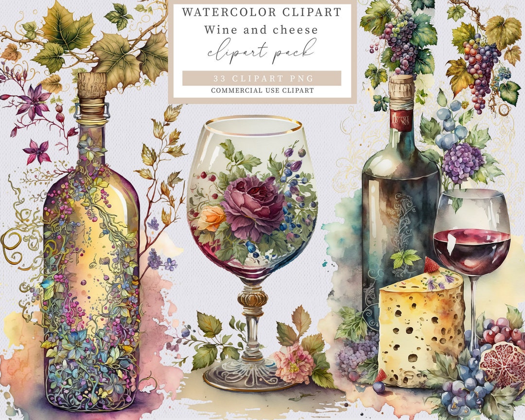 Wine and Cheese Clip Art, Bottle Clip Art, Glass Clip Art, Floral Clip ...