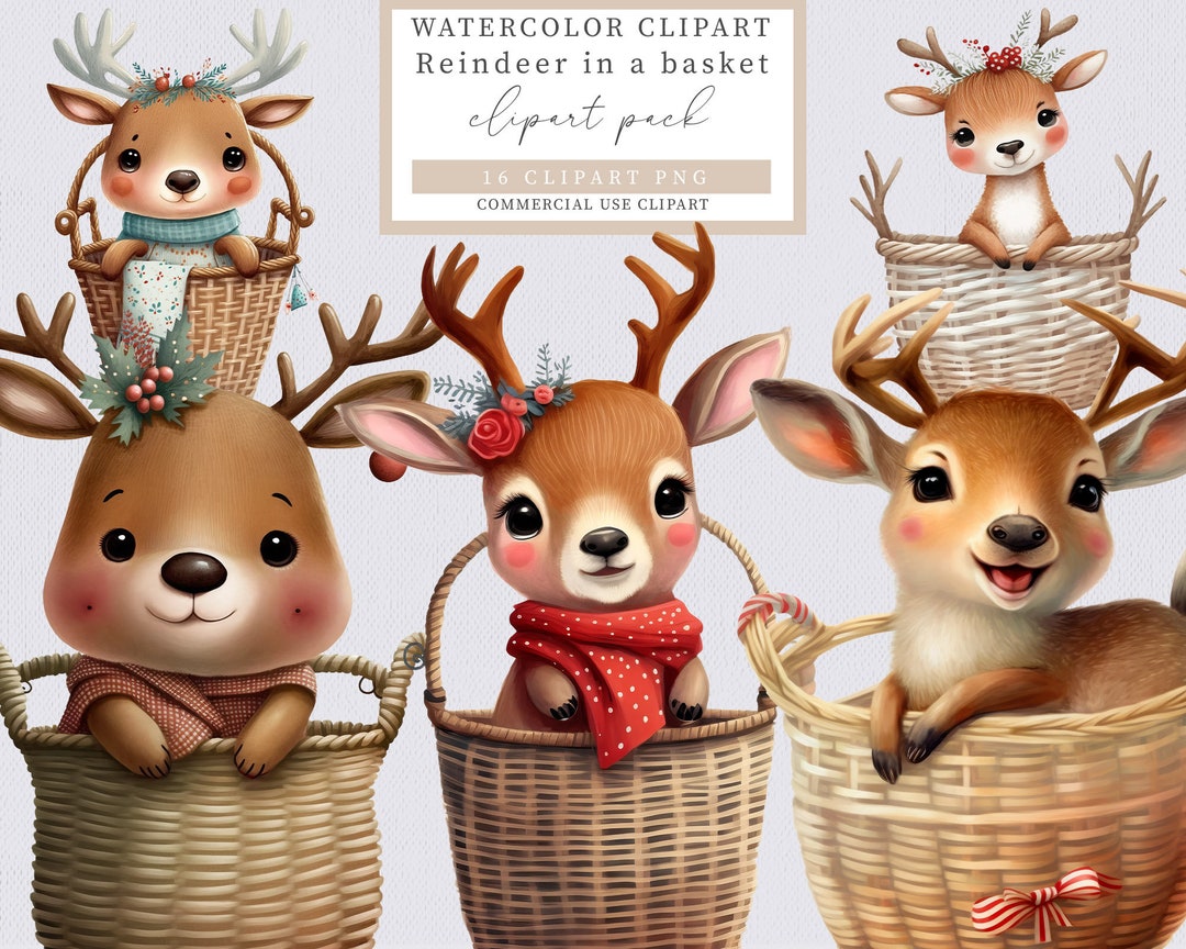 Cute Reindeer Bundle Clip Art, Reindeer in a Basket Clip Art, Reindeer ...