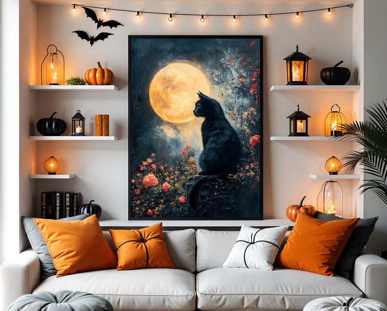 Black Cat Wall Art, Halloween Wall Art, Cat Poster, Matte Vertical ...