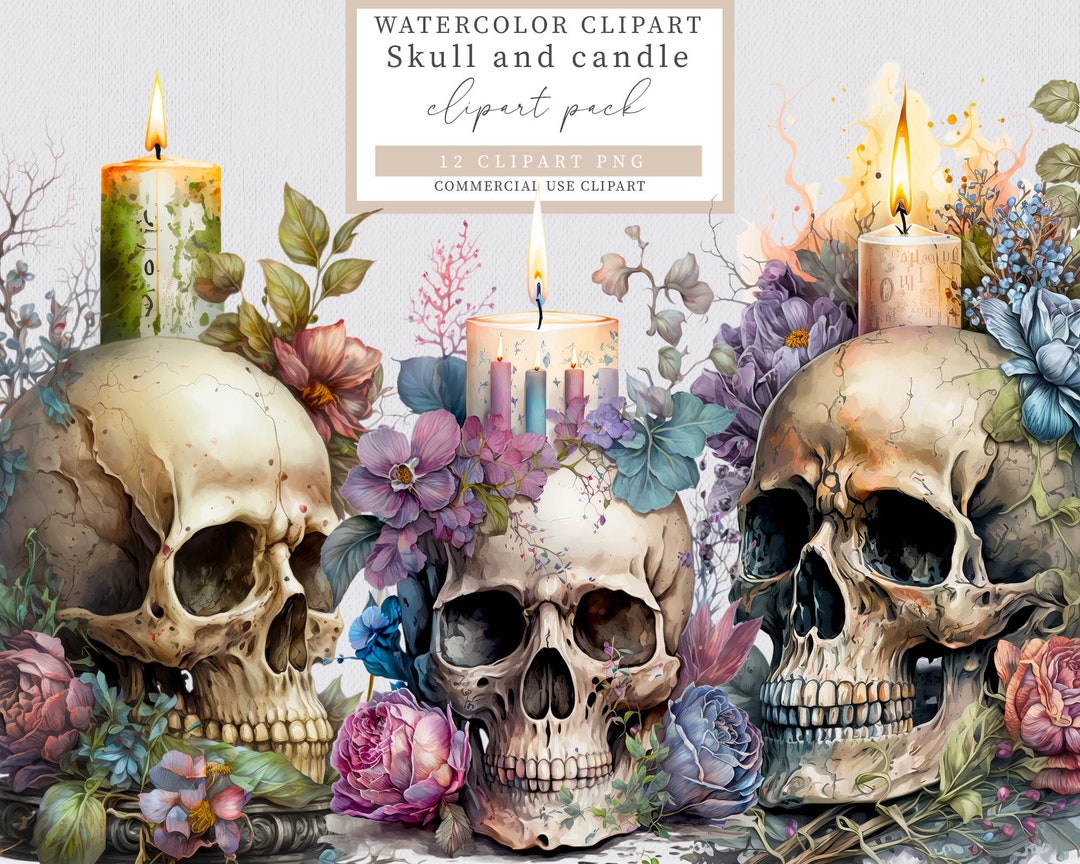 Skull and Candle Clipart, Halloween Clipart, Floral Skull Clipart ...