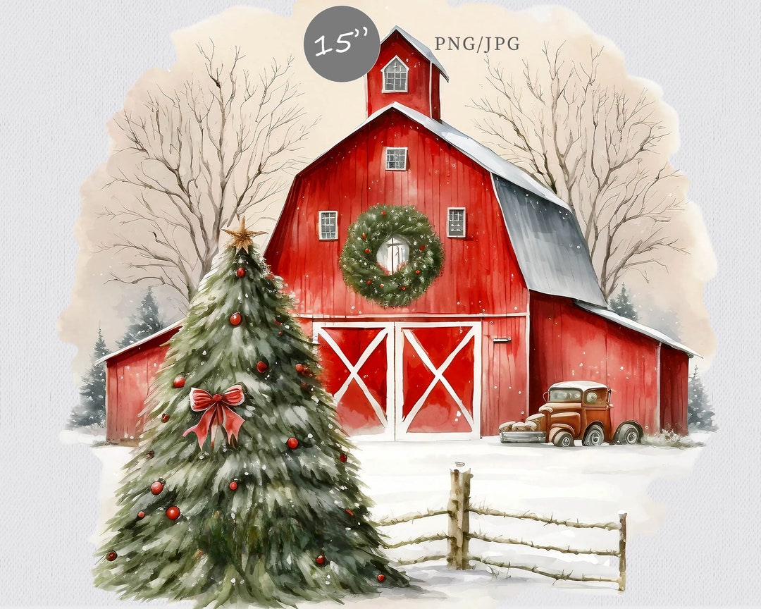 Christmas Clipart, Red Barn Clipart, Barn Clipart, Winter Clipart, Farm ...