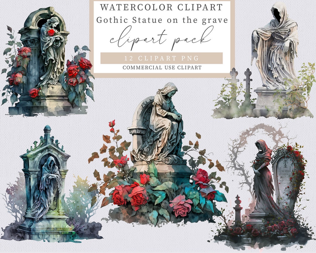 Gothic Statue on the Grave Clipart, Gothic Clipart, Halloween Clipart ...