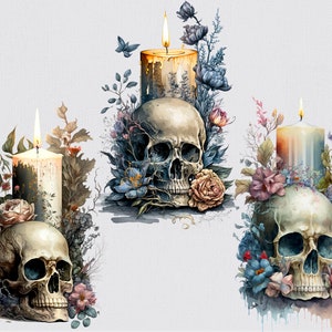 Skull and Candle Clipart, Halloween Clipart, Floral Skull Clipart ...