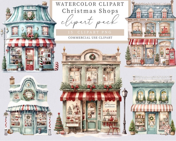 Christmas Village Clipart, Christmas Storefronts Watercolor Clipart ...