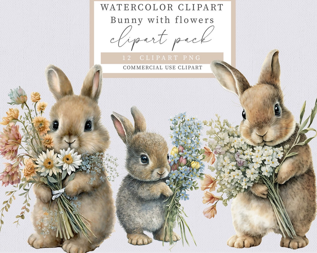 Bunny With Flowers Clipart Bunny Clipart Bunny With Bouquet - Etsy
