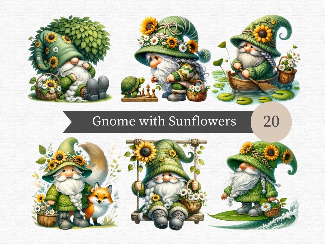 Gnome Bundle Clipart, Gnome With Sunflowers Clipart, Watercolor Gnome ...