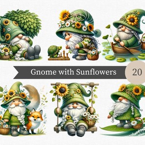 Gnome Bundle Clipart, Gnome With Sunflowers Clipart, Watercolor Gnome ...