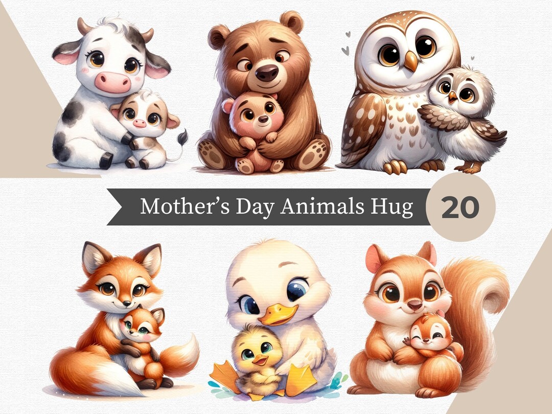Watercolor Mothers Day Bundle, Baby and Mom Clipart, Animals Clipart ...
