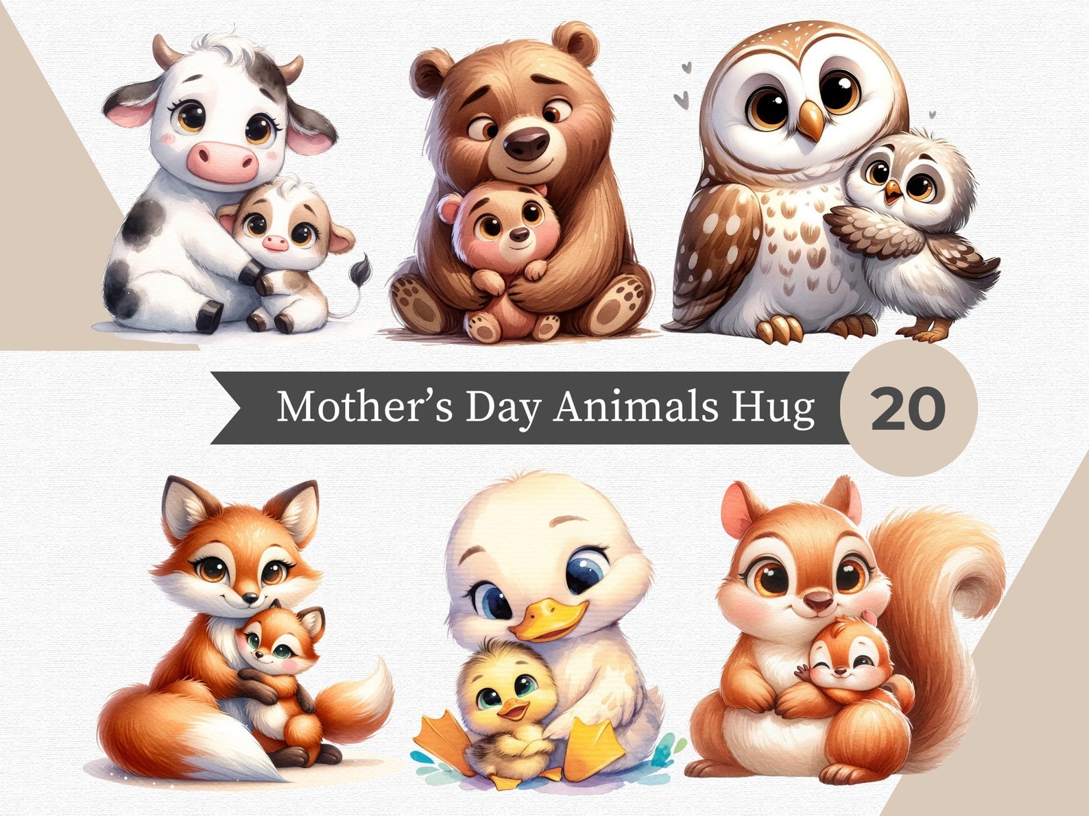 Watercolor Mothers Day Bundle, Baby and Mom Clipart, Animals Clipart ...