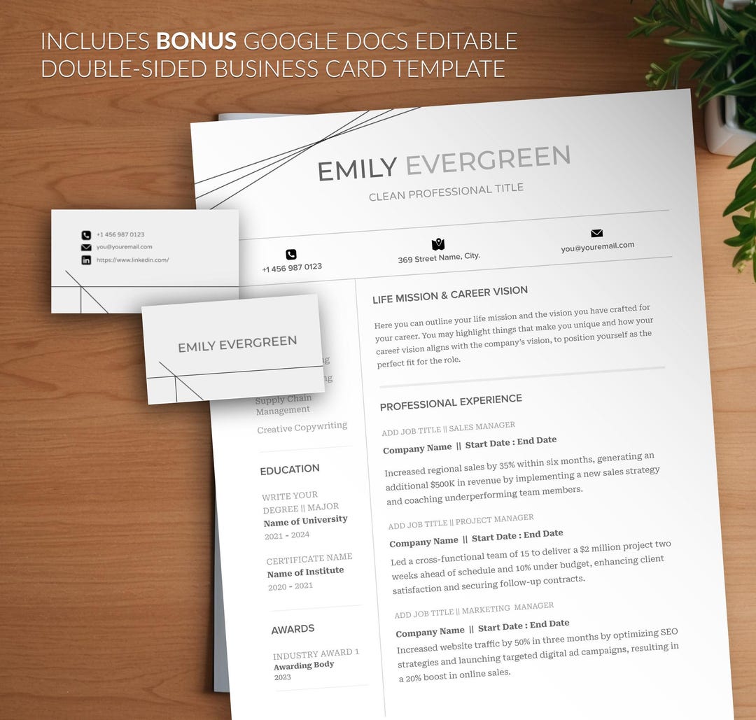 Academic Resume & Business Card Template for Google Docs With Clean ...