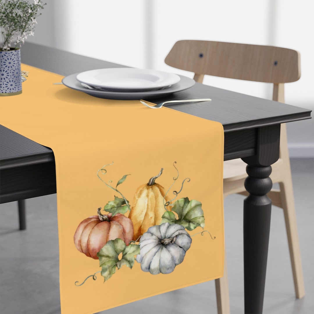 Pumpkin Table Runner, Thanksgiving Holiday Table Linens, Autumn Harvest ...