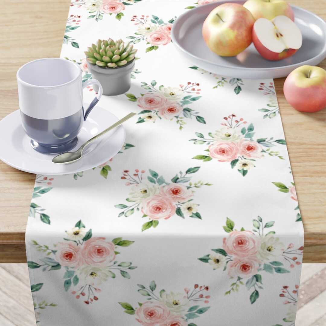 Pink Rose Table Runner, Pink Floral Dining Table Linens, Romantic ...