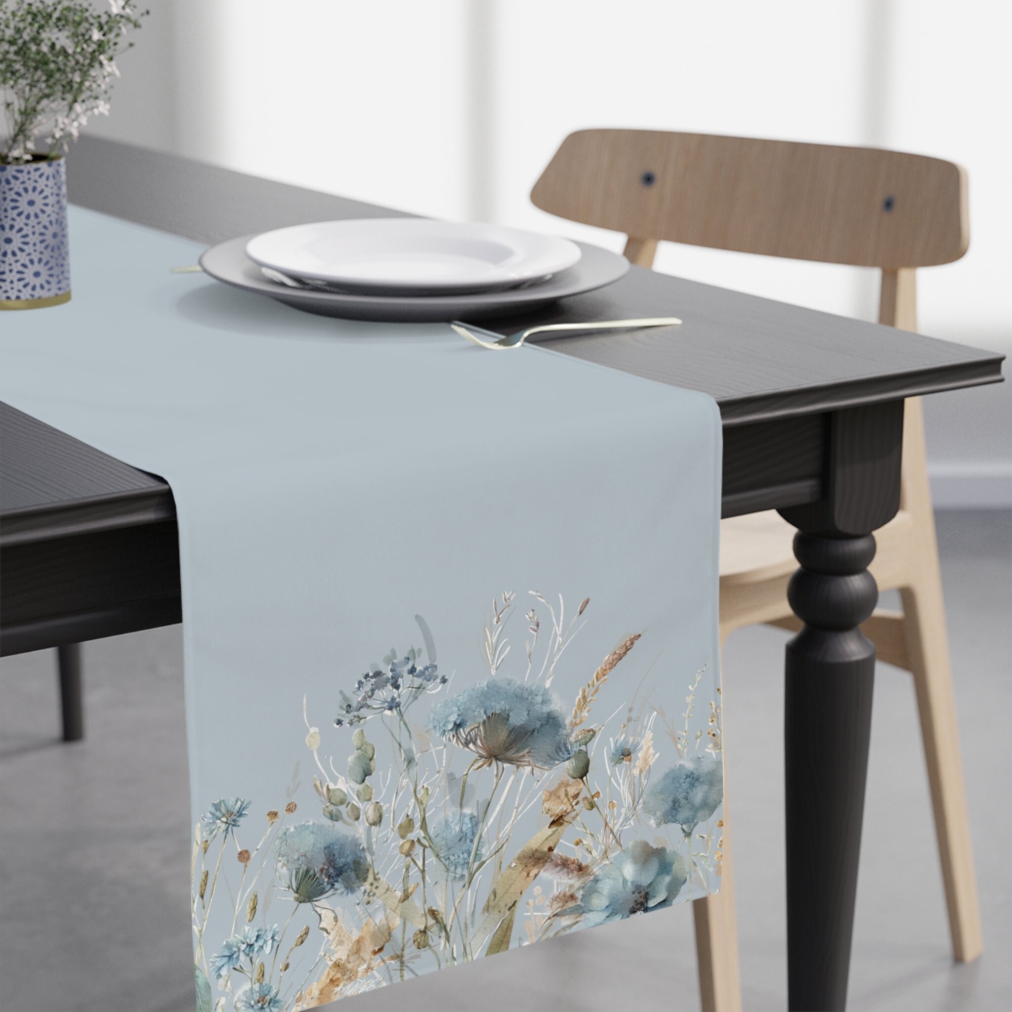 Blue Autumn Floral Border Table Runner, Boho Wildflower Fall Runner ...