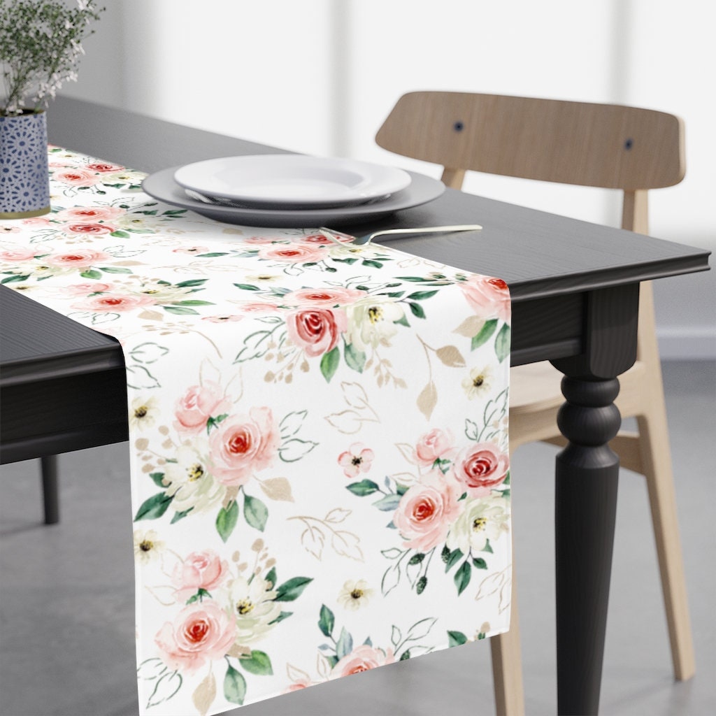 Rose Table Runner, Pink+gold Floral Dining Table Linen, Shabby Chic ...