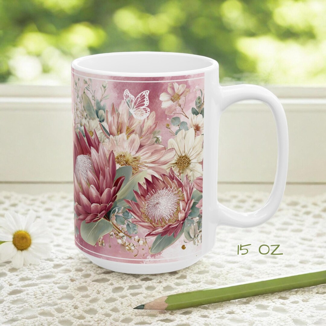 Pink Protea & Daisies Mug South African Vintage-inspired Floral Wrap ...