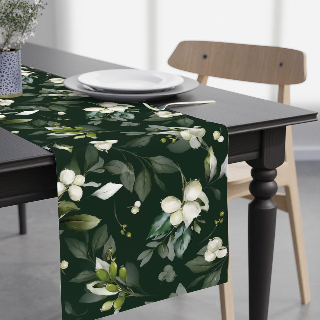 Mistletoe Table Runner, Elegant Christmas Table Linen, White Holly ...