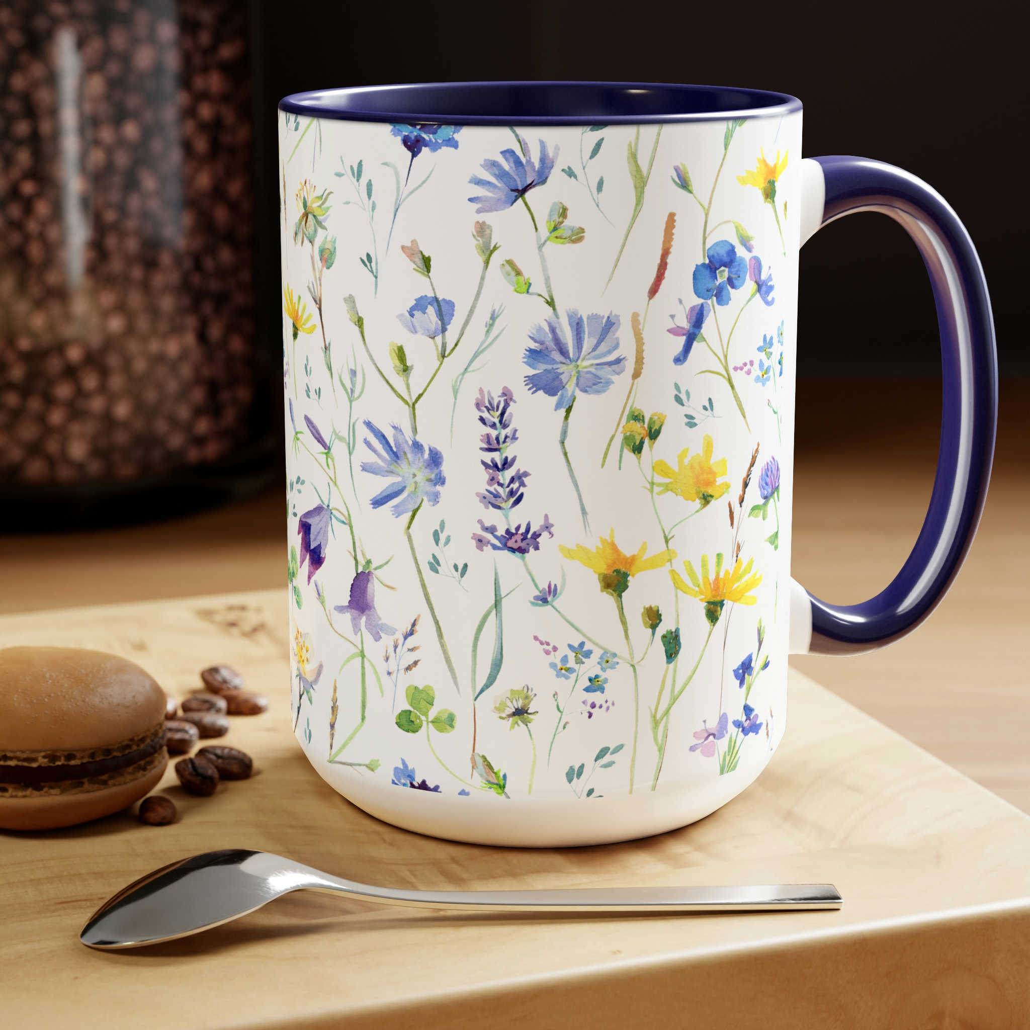 Summer Flowers Coffee Mug Blue Accent Mug Cottagecore Tea Mug Blue ...
