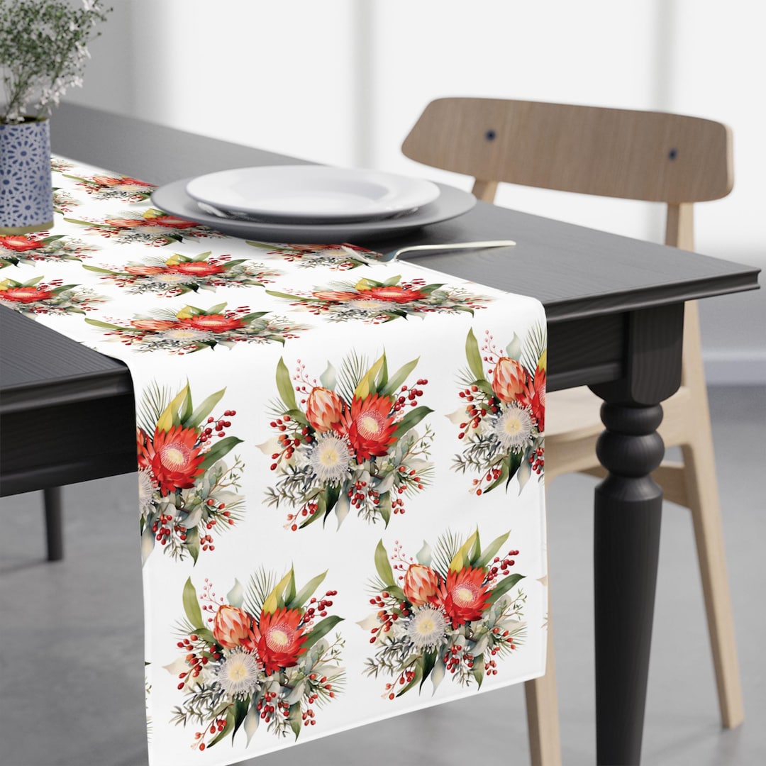 Protea Table Runner South African Dining Linen Red White Tropical Floral Runner SAFFA Christmas ...