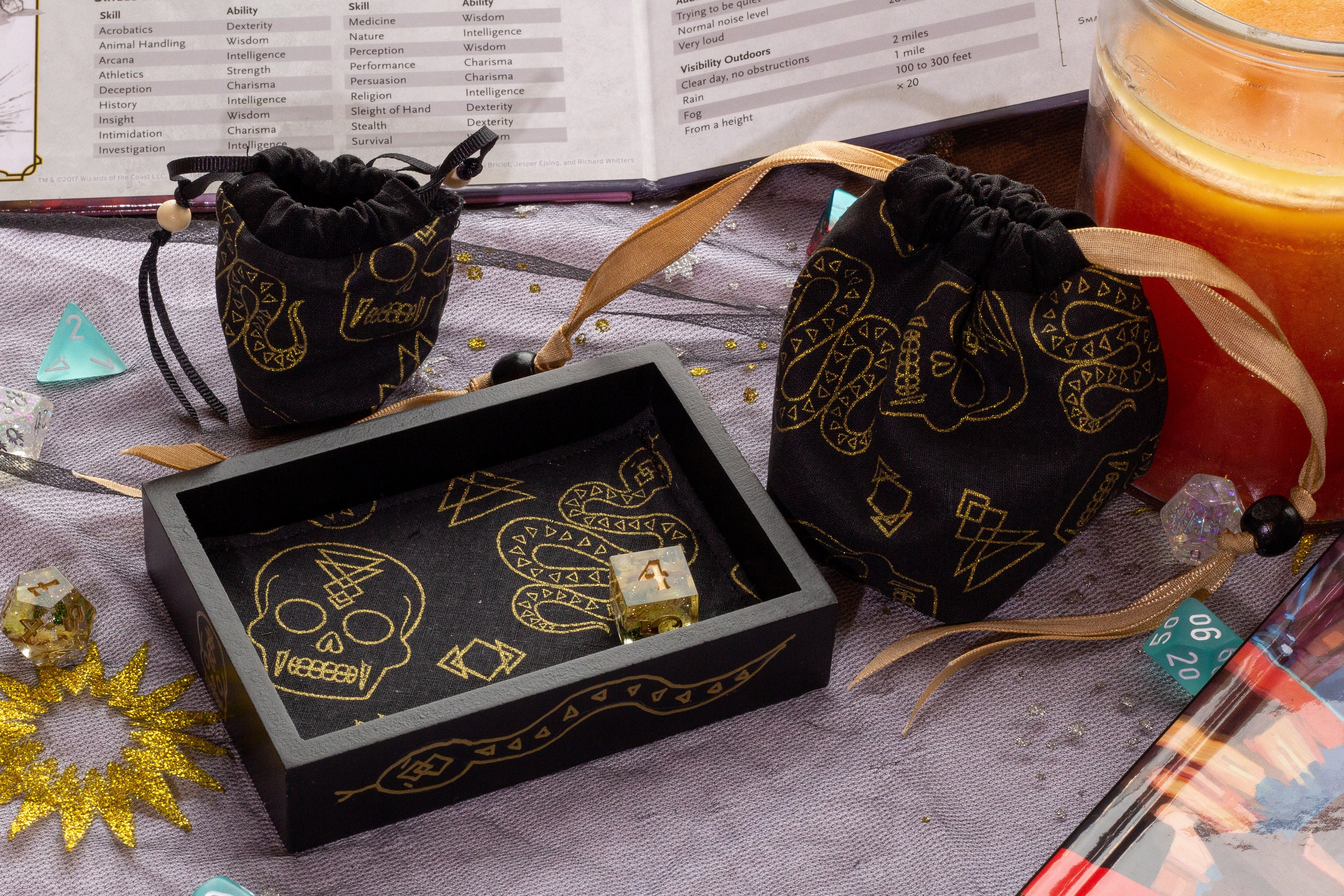Skull and Snake Themed Matching Dice Bags and Tray (SET of 3 ...